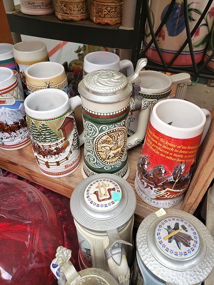 Beer steins that have toasted countless celebrations line the shelves. That Budweiser Clydesdale mug might have your name on it.