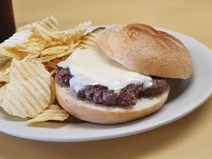 Simple pleasures done right: a classic burger on a kaiser roll with melty cheese, served with chips – proof that sometimes less really is more.