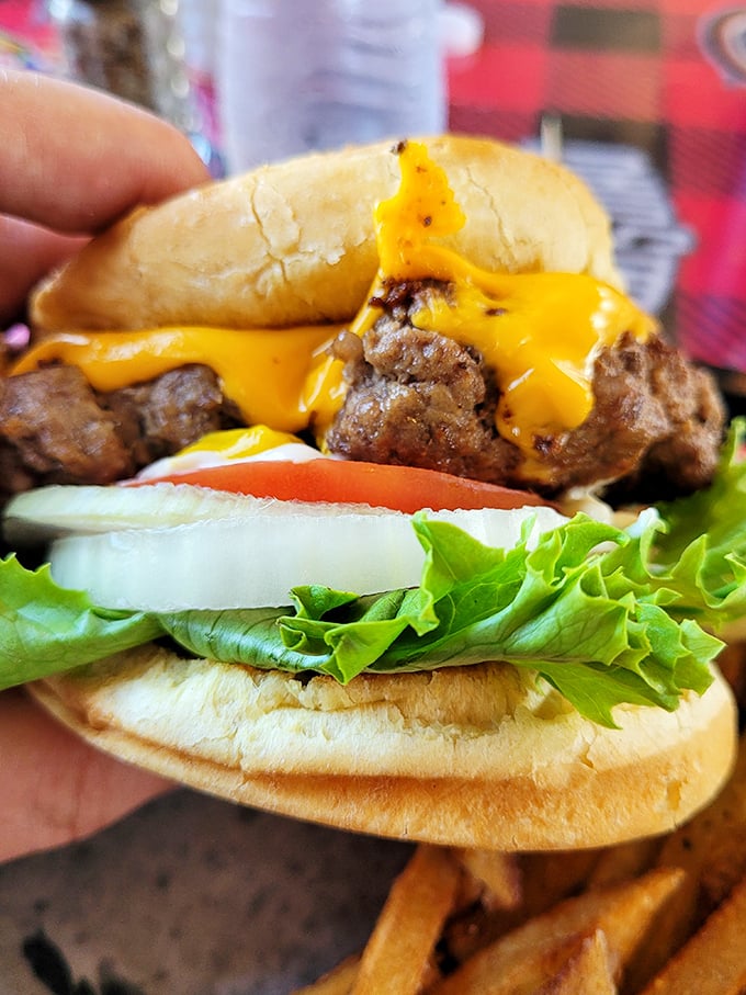 Cheese dripping down the sides of a perfectly seared burger patty – this isn't just lunch, it's a moment of pure American happiness on a bun.