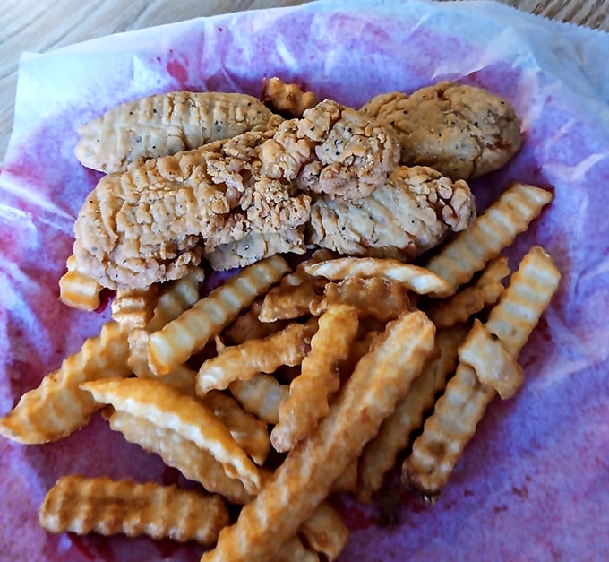 Chicken fingers and crinkle-cut fries – proof that sometimes the simplest pleasures are the most satisfying. Crispy, juicy, and utterly devoid of pretension.