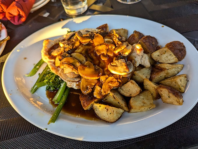 A symphony of savory satisfaction – Chicken Marsala hits all the right notes with tender chicken, earthy mushrooms, and roasted potatoes.