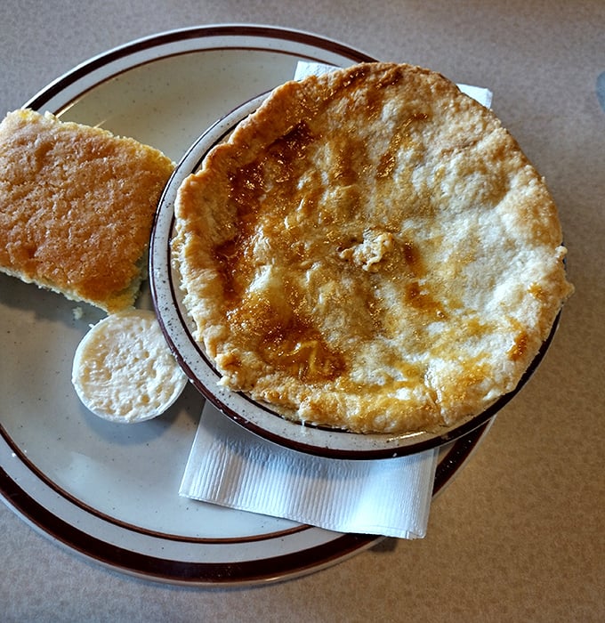 A chicken pot pie with a golden dome that would make any state capitol building jealous – architecture you can eat with a spoon.