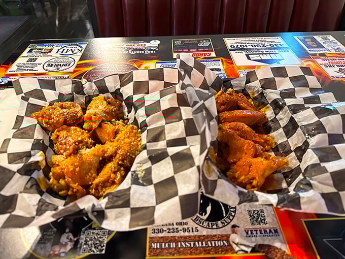 Two baskets of wings, two flavor journeys—proof that in Ohio, they understand that chicken wings are less a food and more a lifestyle choice.