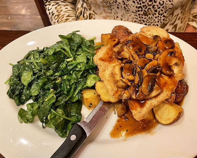 This chicken marsala is a flavor symphony with mushrooms taking center stage, accompanied by perfectly sautéed spinach that even Popeye would fight for.