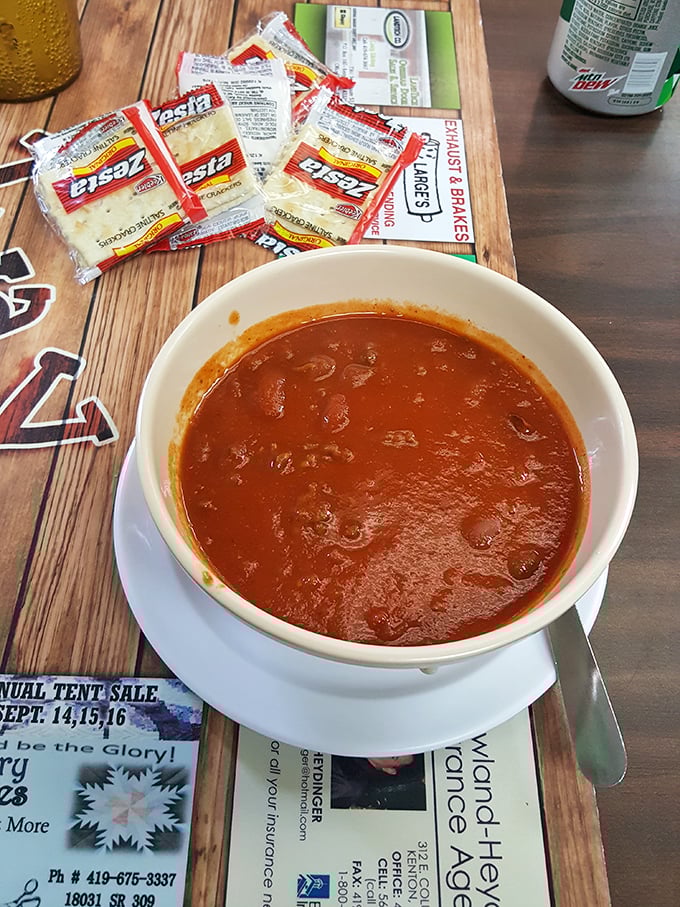 A bowl of homestyle chili that doesn't need fancy garnishes—just a stack of saltines and your undivided attention.