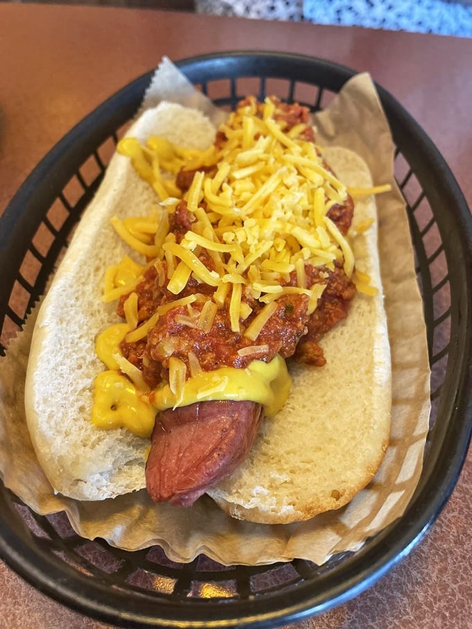 The classic chili cheese dog—where beef meets more beef in a harmonious relationship that would make relationship counselors jealous.