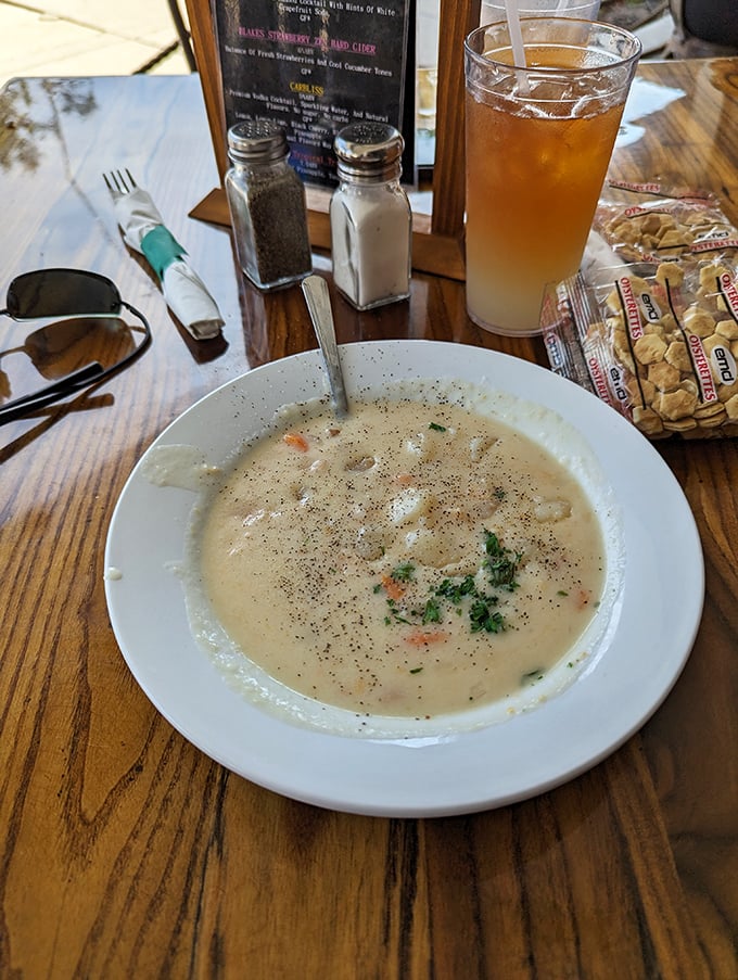 This isn't just chowder—it's a creamy seafood symphony in a bowl, demanding to be savored between sips of cold Michigan beer.