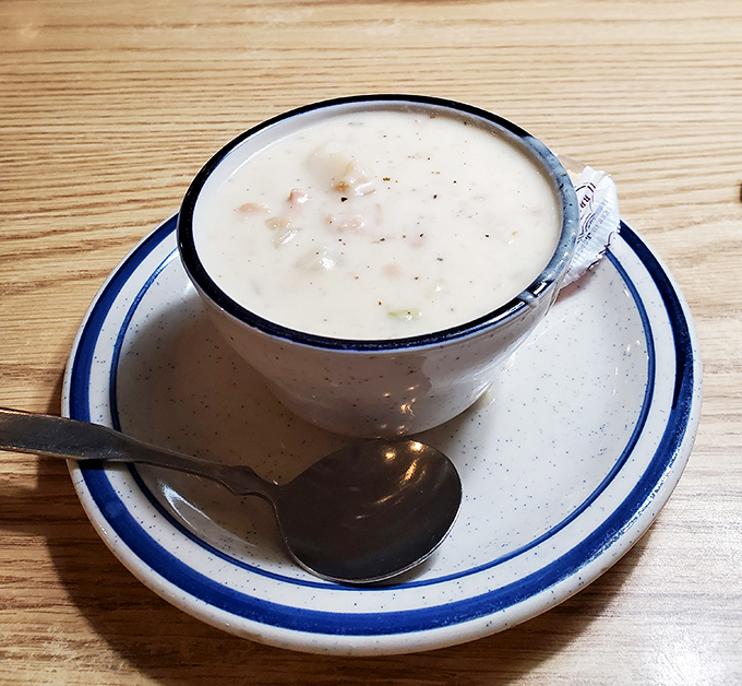 A cup of clam chowder that proves Idaho knows its way around seafood too – creamy, hearty, and worth the drive from either coast.
