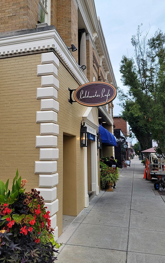 Coldwater Café's elegant façade promises culinary delights within, where the food matches the charm of its historic building home.