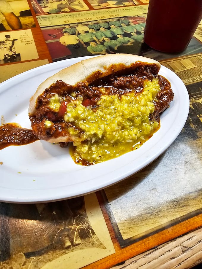 Behold the coney dog in all its messy glory—where chili and mustard create the kind of beautiful chaos that requires extra napkins and zero regrets.