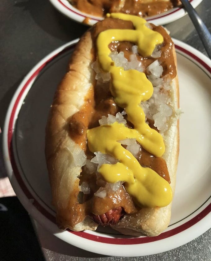 The classic coney dog in its natural habitat—steamed bun, snappy dog, chili, onions, and that signature yellow mustard zigzag that screams "Michigan!"