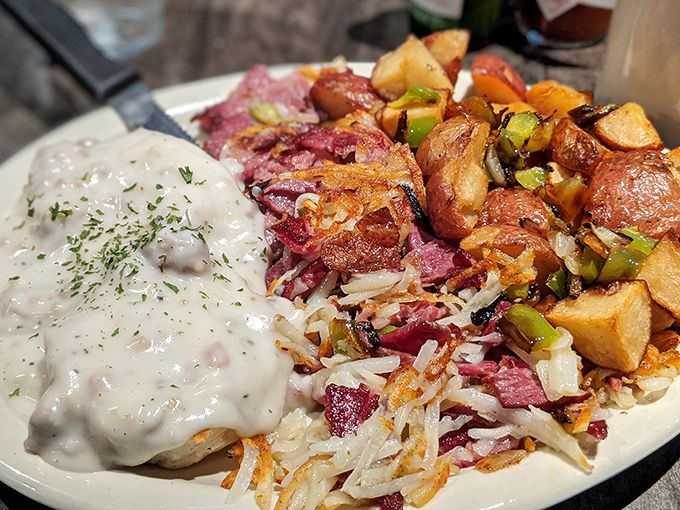 Corned beef hash that would make your Irish grandfather weep with joy—crispy edges, tender potatoes, and that perfect savory-to-creamy ratio that defines diner excellence.