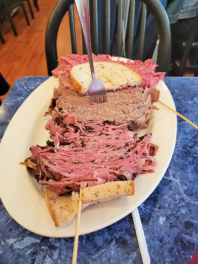 Fork required, dignity optional. Harold's corned beef sandwich isn't just a meal—it's a commitment that rewards your courage with melt-in-your-mouth perfection.
