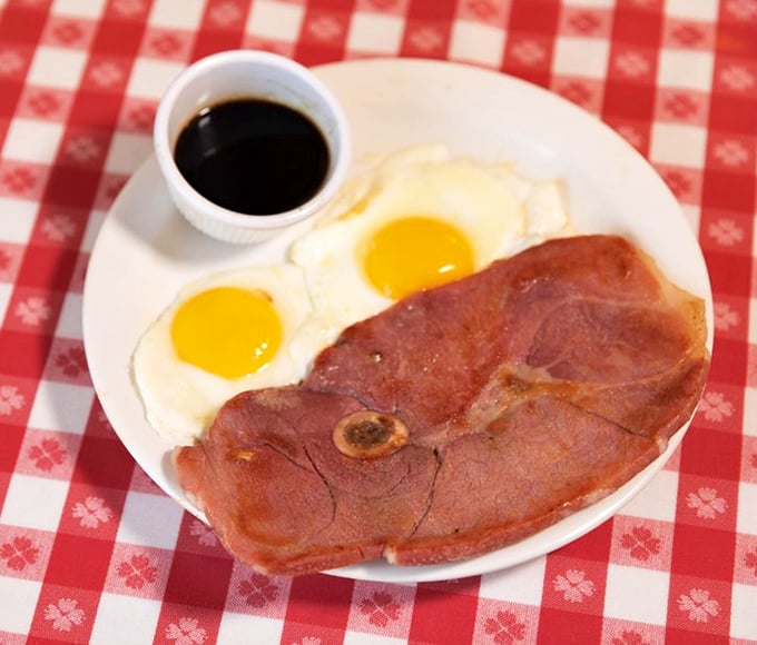 Country ham and eggs done right – that salty, smoky ham could convert even the staunchest breakfast skeptics.