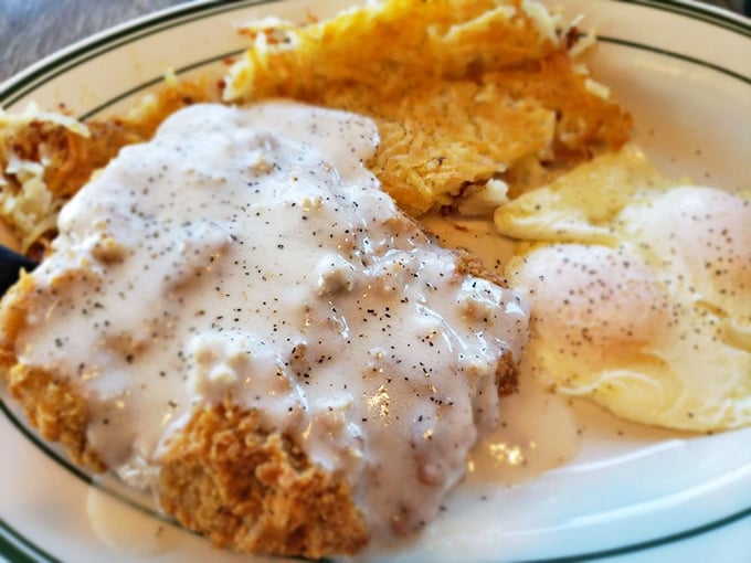 Country fried steak swimming in gravy so good you'll want to write it love letters. Comfort food that hugs your insides.