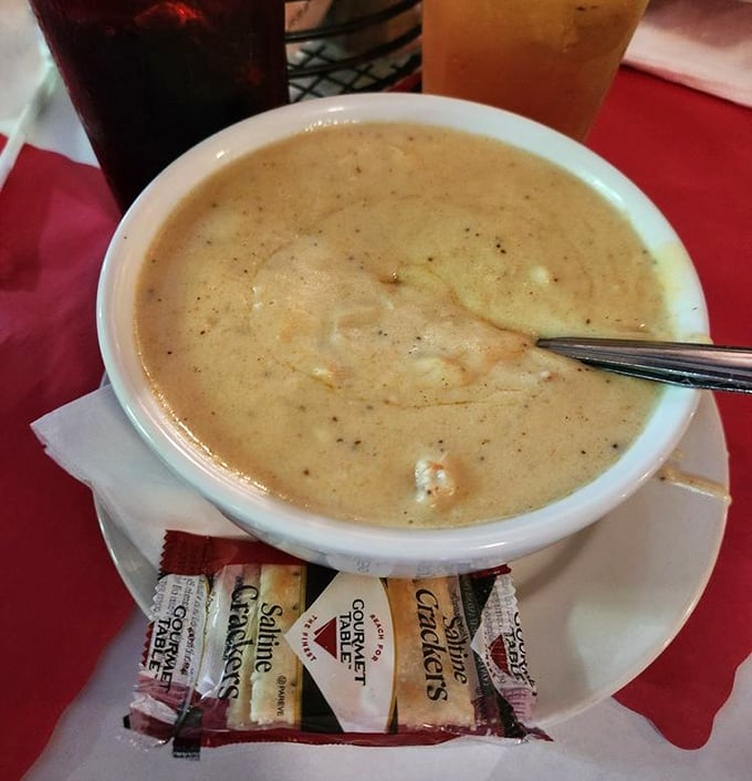 Cream of crab soup that's practically a religious experience—velvety, rich, and studded with enough crab meat to make you question all other soups.