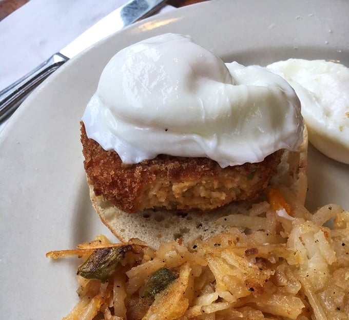 Maryland meets Manhattan in this crab cake Benedict—crispy exterior, tender inside, topped with an egg that's poached to perfection.