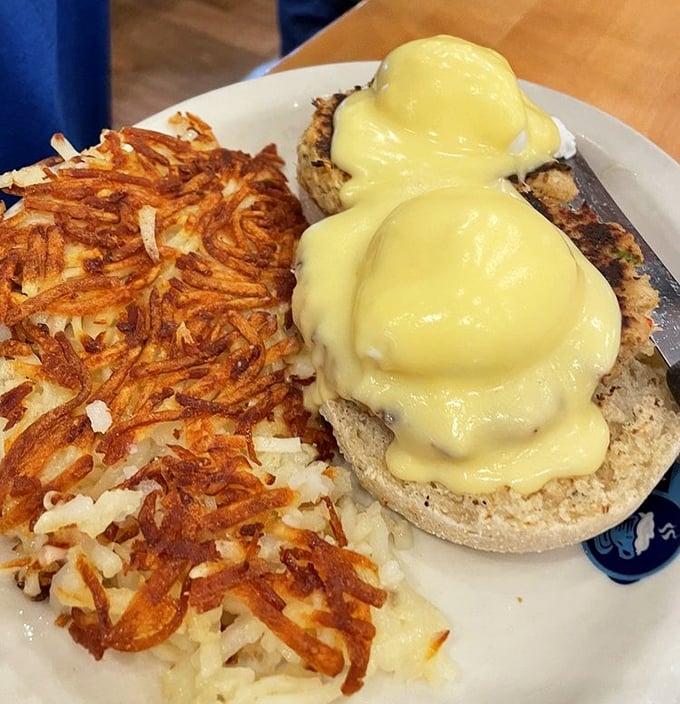 Eggs Benedict elevated to art form. Those crispy hashbrowns deserve their own fan club and possibly a small religion.