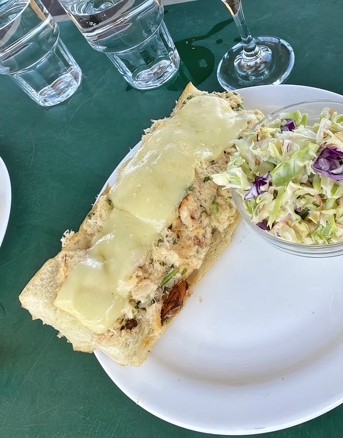 Crab sandwich perfection – sweet meat, melted cheese, and coleslaw on the side. The ocean called; it wants to know why you're smiling.