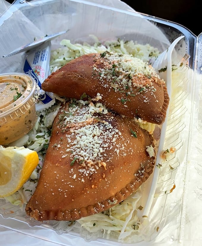Not just a meal but an edible postcard from Louisiana—this savory hand pie rests on a bed of slaw, dusted with seasoning that whispers tales of the bayou.