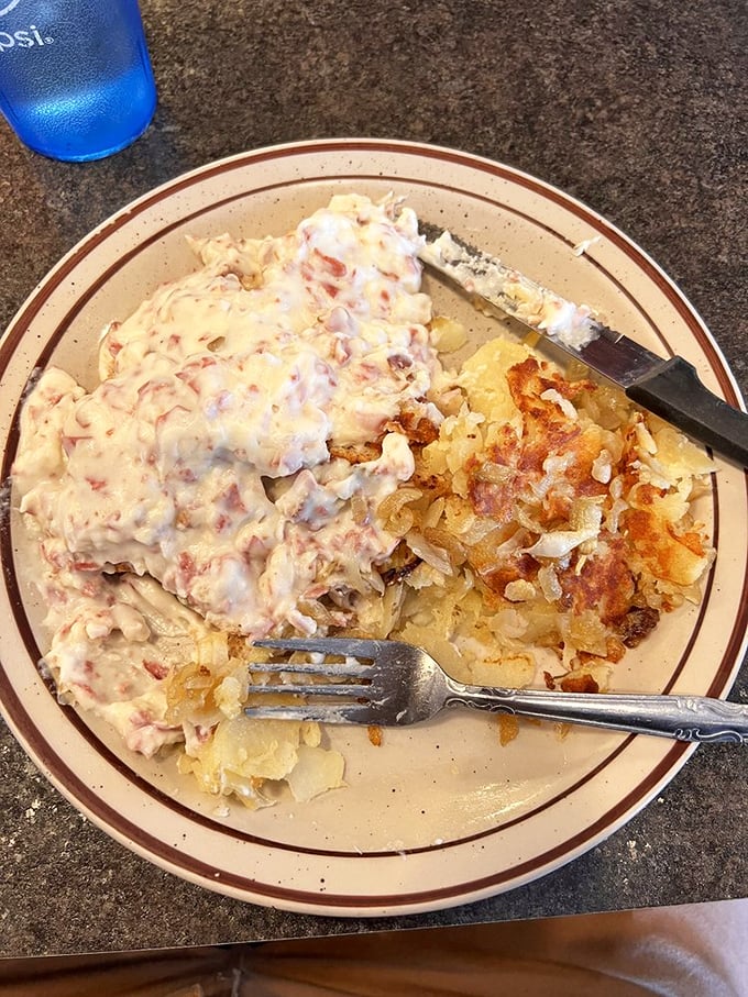Cream chipped beef—the dish your grandfather loved for good reason. This plate of savory comfort comes with perfectly crispy home fries.