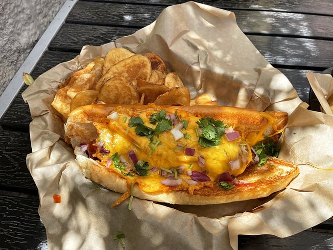 Whoever said "less is more" clearly never encountered this flavor explosion—cheese, onions, and what appears to be Fritos creating a crunchy, gooey symphony in every bite.