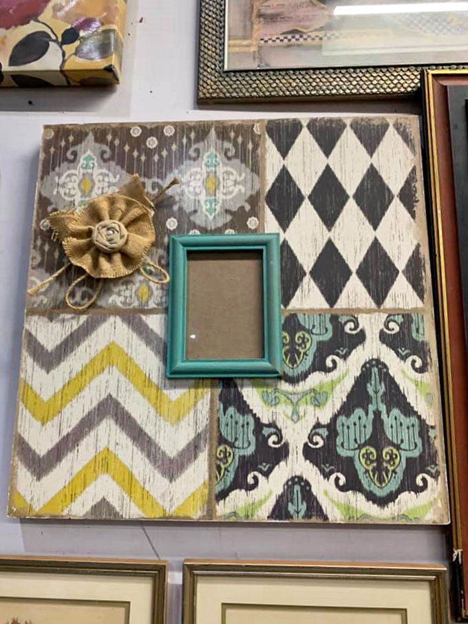 Pattern play at its finest. This decorative wall art showcases how someone's discarded décor becomes your home's new focal point with just a little thrift store magic.