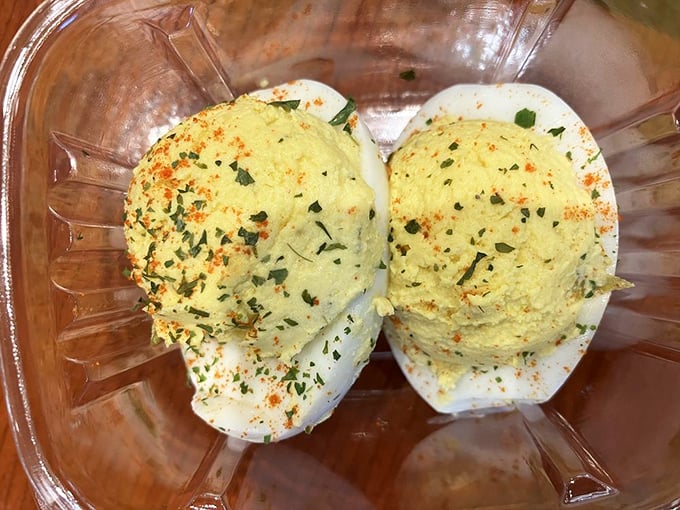 Deviled eggs elevated to art form. These golden beauties are what would happen if your grandmother got a culinary degree.