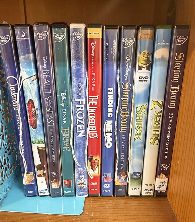 Disney DVDs lined up like a childhood timeline—from "Cinderella" to "Shrek," charting the evolution of both animation and parenting techniques.