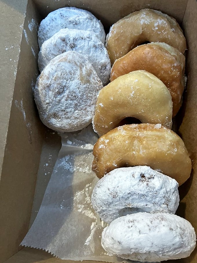 A box of joy containing powdered and glazed donuts—proof that sometimes the simplest pleasures are the most satisfying ones.
