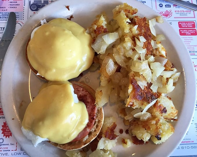 Eggs Benedict done right – perfectly poached eggs draped in hollandaise that's rich enough to apply for its own credit card.