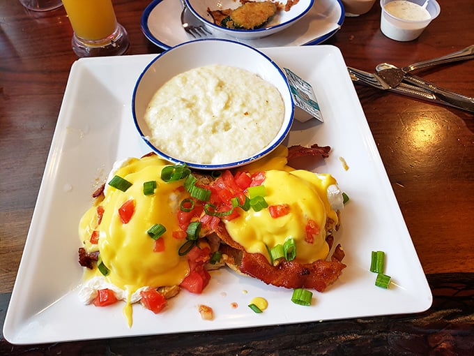 Eggs Benedict that belongs in the breakfast hall of fame. Those vibrant toppings and that hollandaise sauce are pure morning poetry.