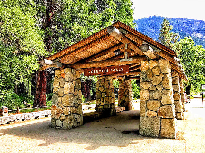 The rustic stone entrance to Yosemite Falls welcomes visitors like the world's most impressive doorway. No red carpet needed.