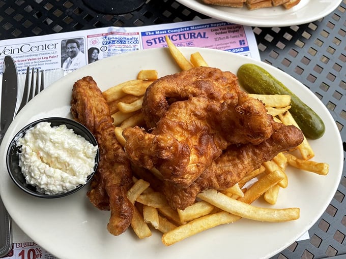 Fish and chips that would make a British pub nervous. Crispy, golden batter surrounding flaky white fish, with fries that deserve their own fan club.