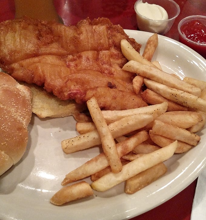 Fish and chips that would make a British pub-goer weep with joy – crispy exterior giving way to flaky white fish underneath.