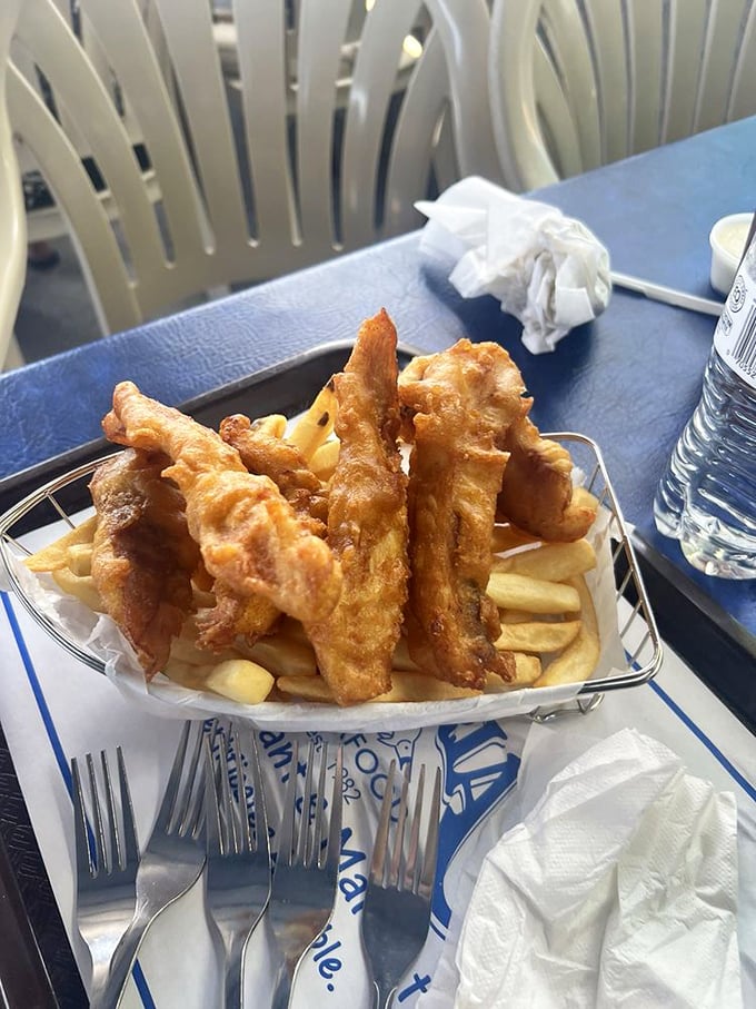 Fish and chips done right—golden, crispy, and served in a wire basket. No pretension, just perfection waiting to be devoured.