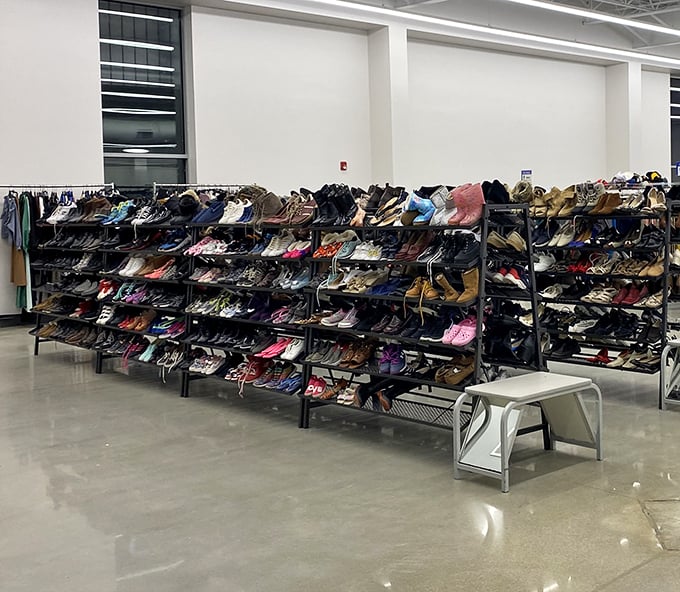 The footwear section resembles a shoe convention where every style decade sent representatives, from practical flats to statement heels.
