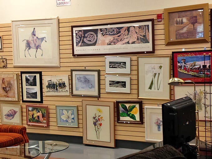 The wall art section offers everything from mass-produced prints to hidden masterpieces – someone's former living room decor ready for your creative vision.