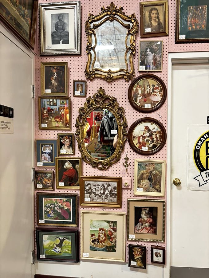 The wall where portraits of strangers become family—ornate frames that would make even the Kardashians look historically significant.