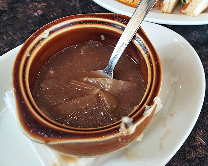 French onion soup that's worth the inevitable string of cheese stretching from bowl to chin—a small price for such savory satisfaction.