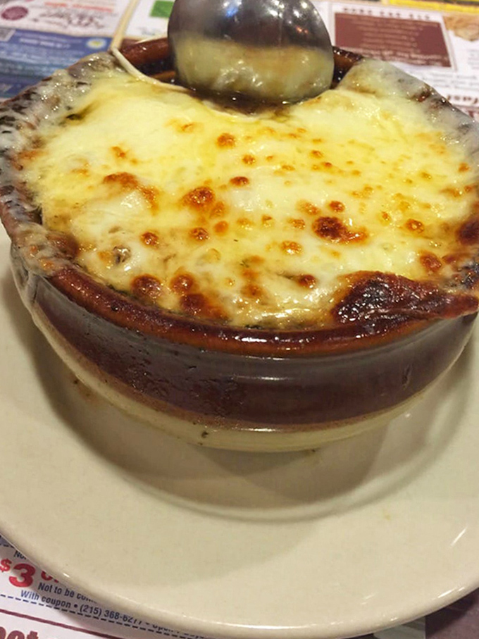 French onion soup with a cheese cap so perfectly browned it deserves its own Instagram account and fan club.