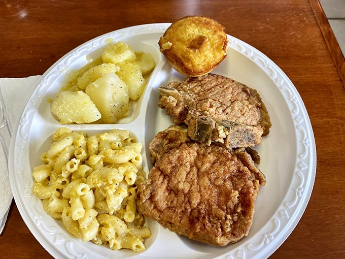 Pork chops fried to such perfection they deserve their own hall of fame. Those potato wedges aren't just sides—they're co-stars.