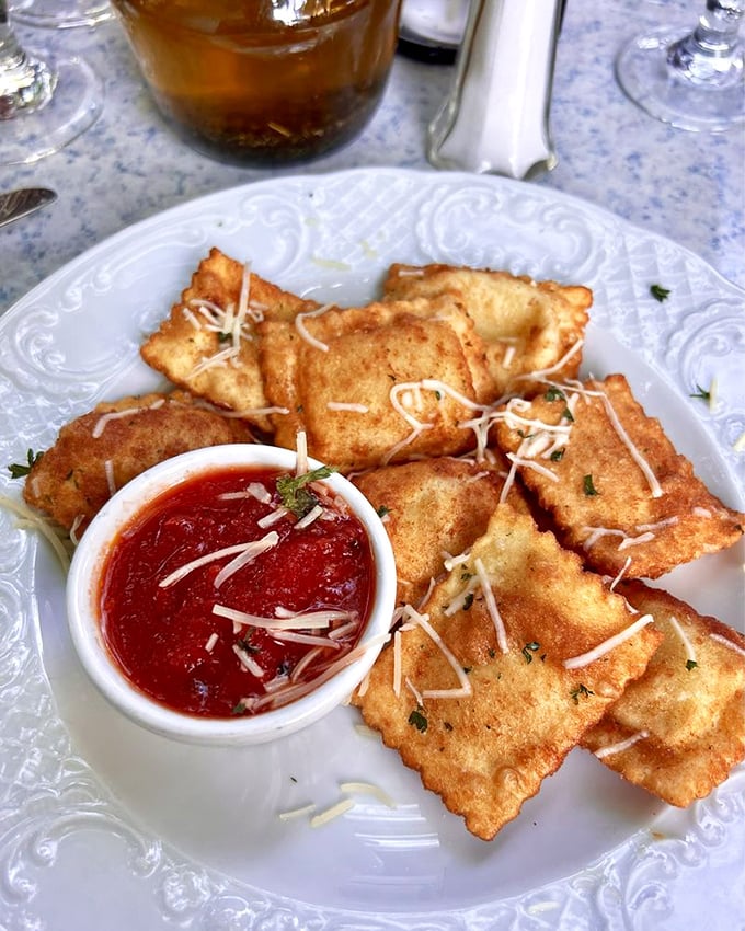 Fried ravioli that crunch like autumn leaves, with marinara sauce that's basically a tomato's greatest achievement in life.