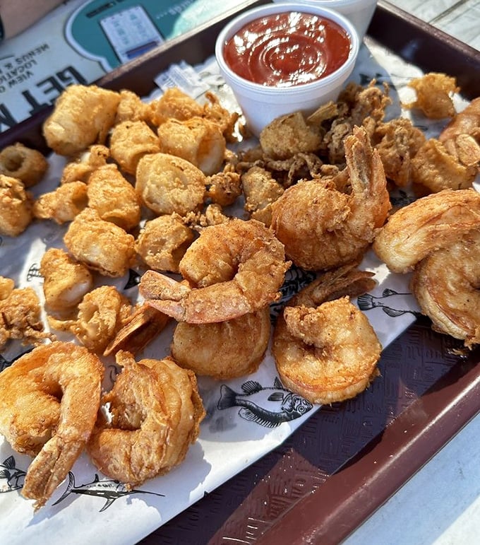 Fried shrimp that snap with freshness, served with cocktail sauce that's got just enough kick to make you notice, but not enough to distract from the star attraction.