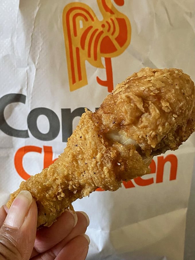 Golden-brown perfection on a drumstick that makes you wonder why you ever wasted time with fast food chains pretending to know what fried chicken should be.