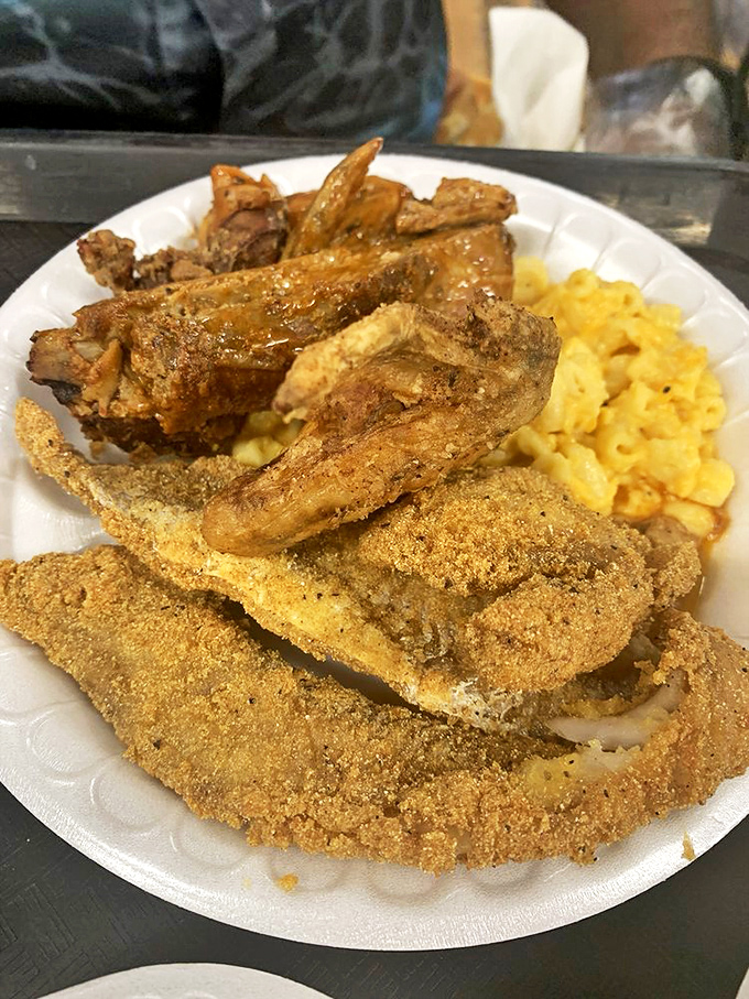 Crispy fried fish with mac and cheese—proof that Little Pigs understands that barbecue joints need to excel beyond the smoker too.
