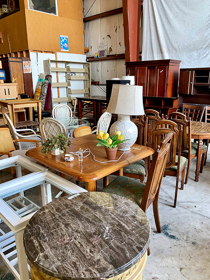 Dining sets that have hosted countless family gatherings now await new conversations. That marble-topped table? Probably $25 instead of $250. 