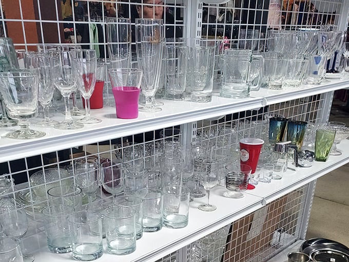 Glassware glistening on shelves like a fancy housewares store, minus the mortgage payment required to shop there usually.