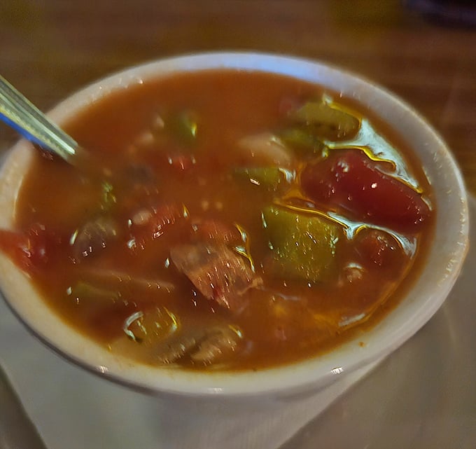 Mickey's hearty soup doesn't mess around—chunks of meat and vegetables swimming in a broth that's been simmering to perfection.