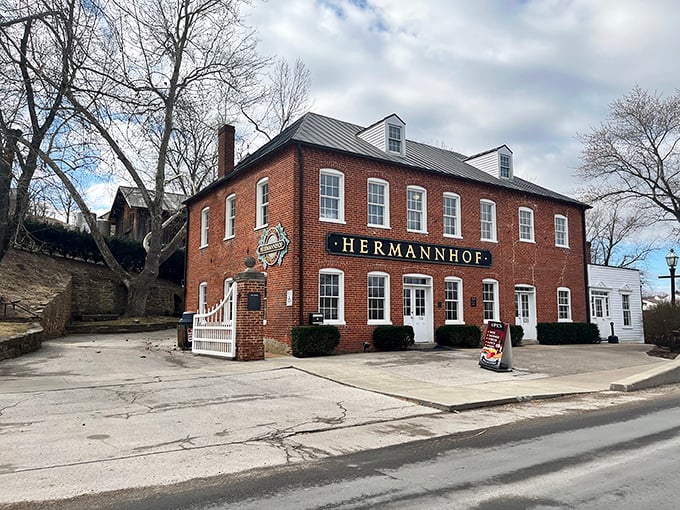 Hermannhof Winery's distinctive red brick building has anchored the town since the 1800s, a testament to Hermann's enduring wine heritage.